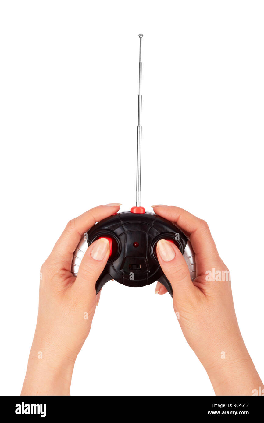 Radio remote control for toy car in hand isolated on white Stock Photo ...