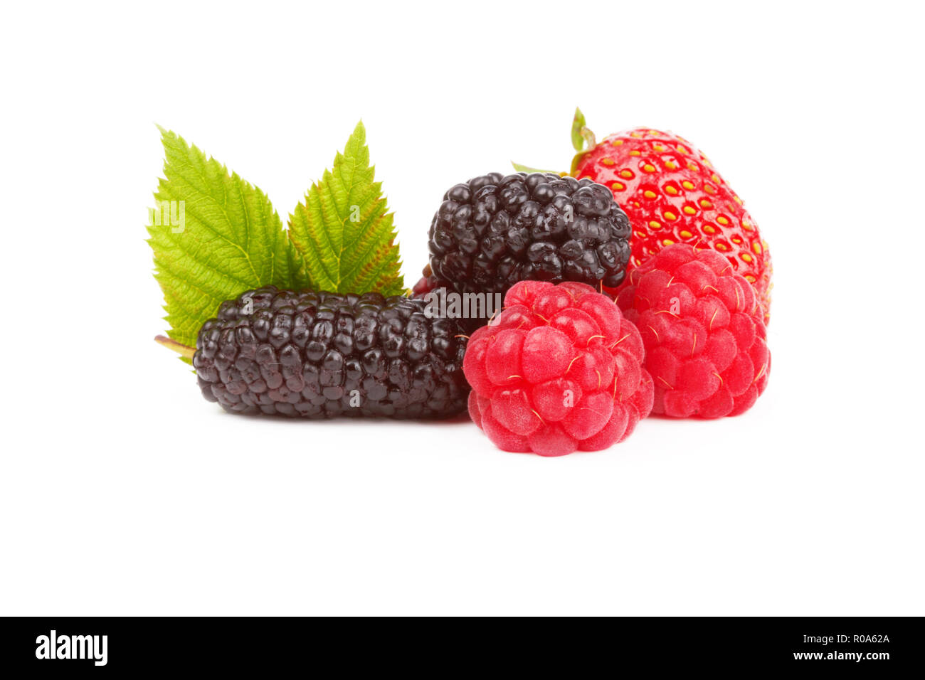 Strawberries, raspberries and mulberry on a white background Stock ...