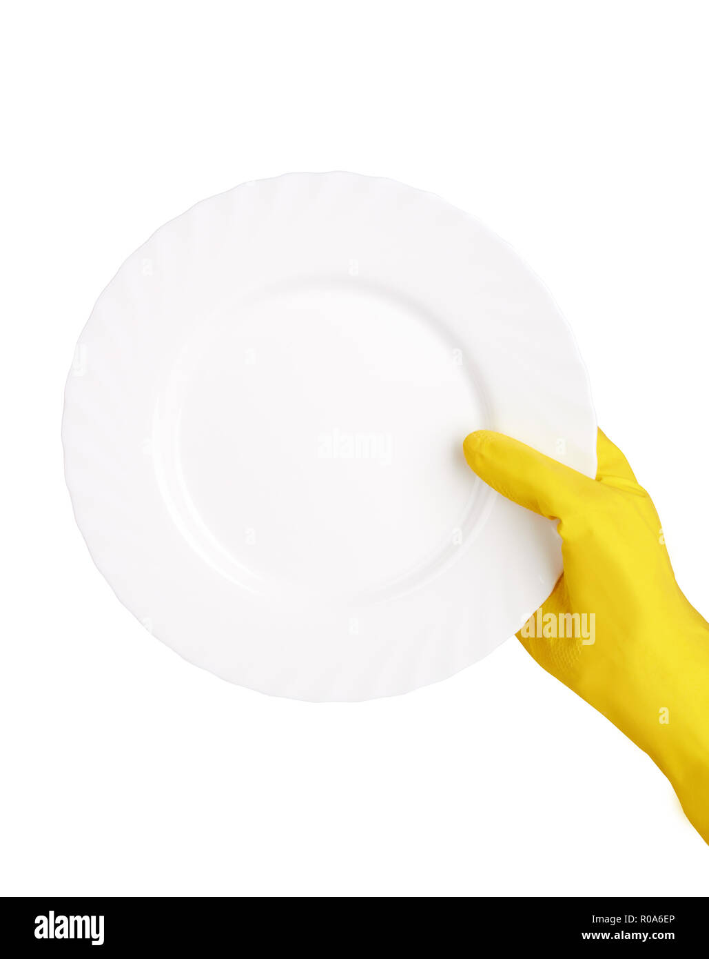 Hand in rubber glove with a plate on a white background Stock Photo - Alamy