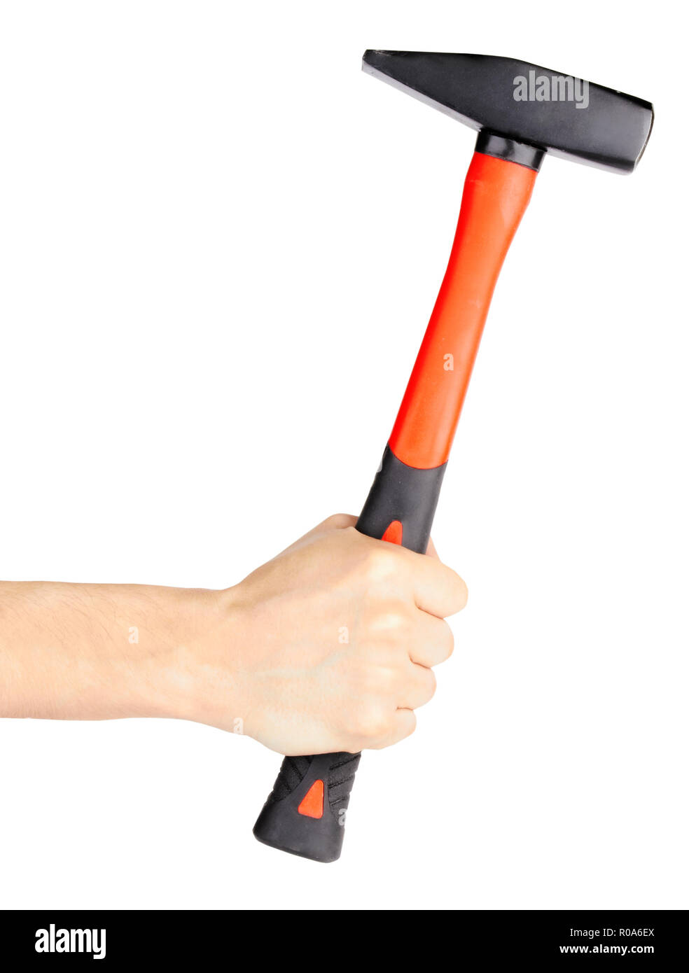 Hammer in hand isolated on white background Stock Photo - Alamy