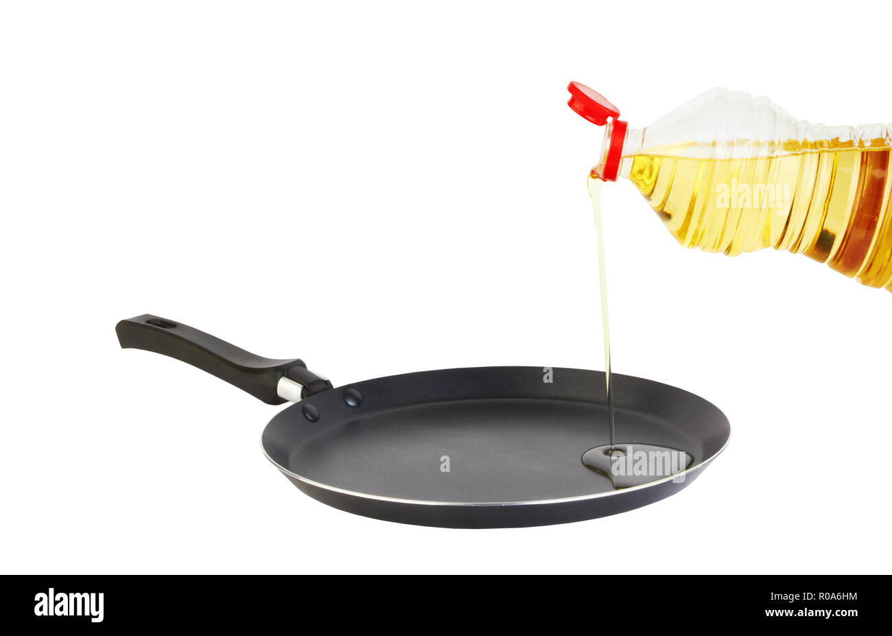 Frying pan with bottle of oil on white background Stock Photo - Alamy