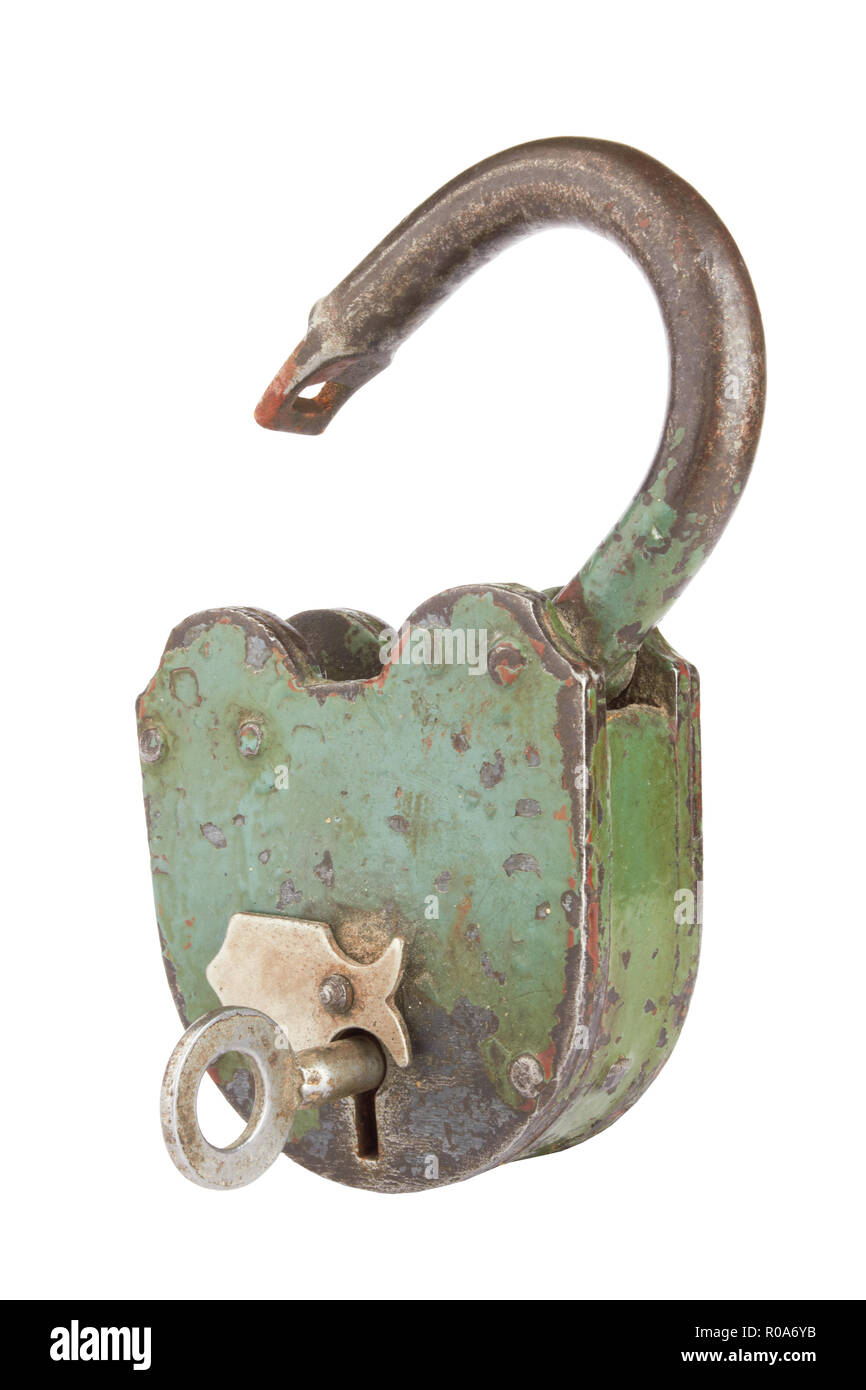 old padlock with key on a white background Stock Photo - Alamy