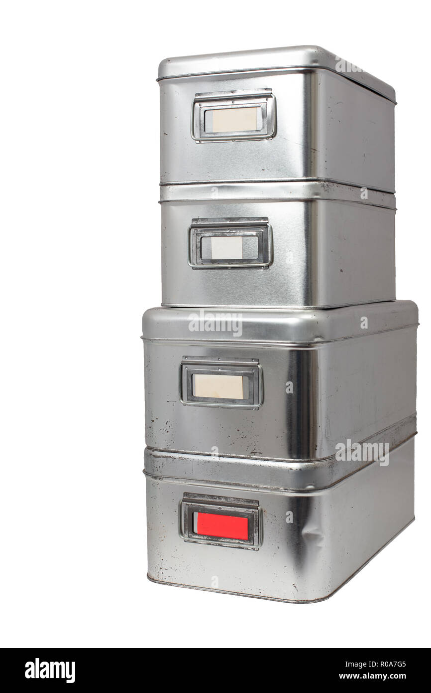 Used, Stainless storage boxes with blank label area, isolated on white ...