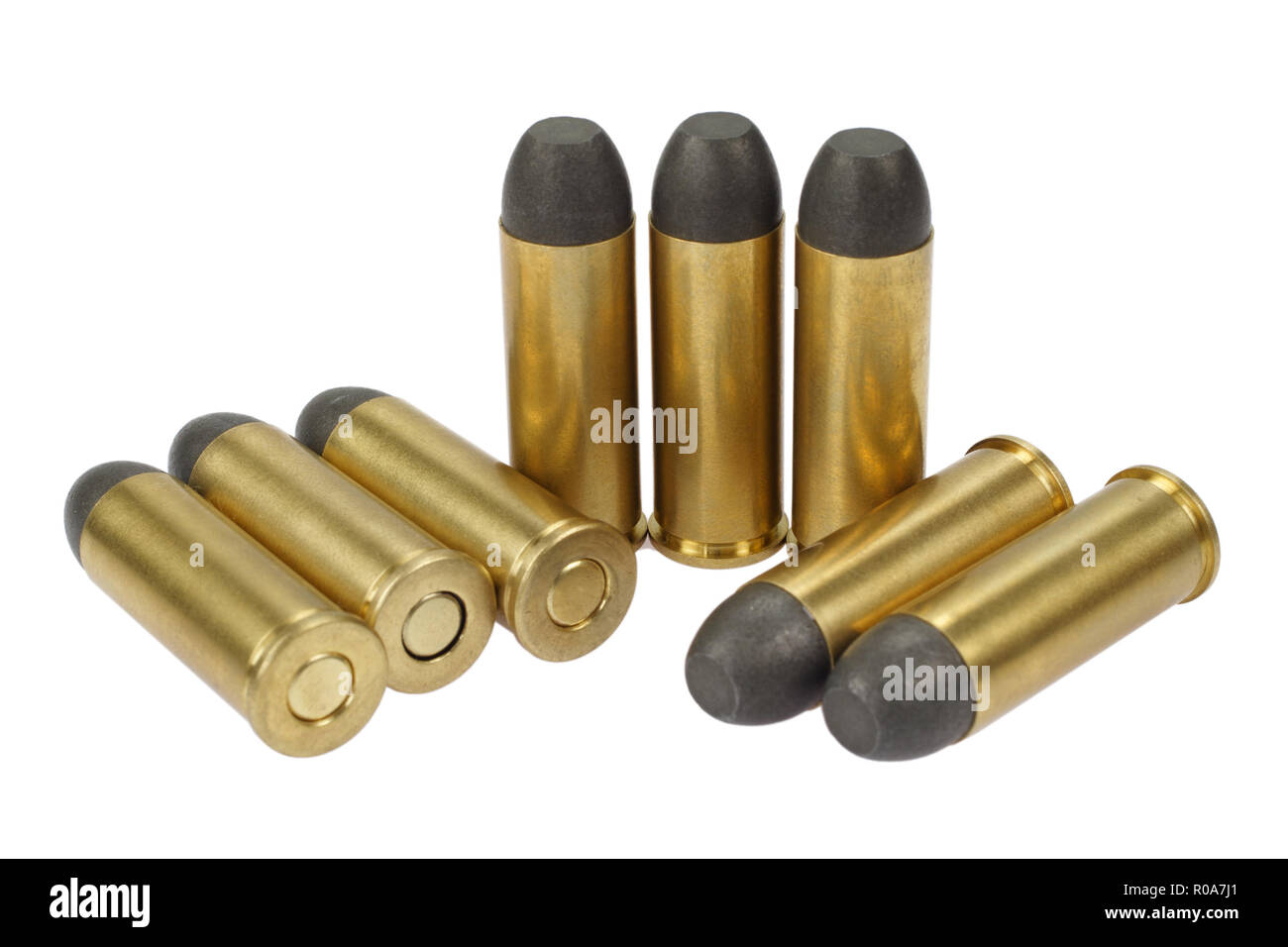 Black-powder revolver rounds .45 cal. dating to 1872 isolated on white ...