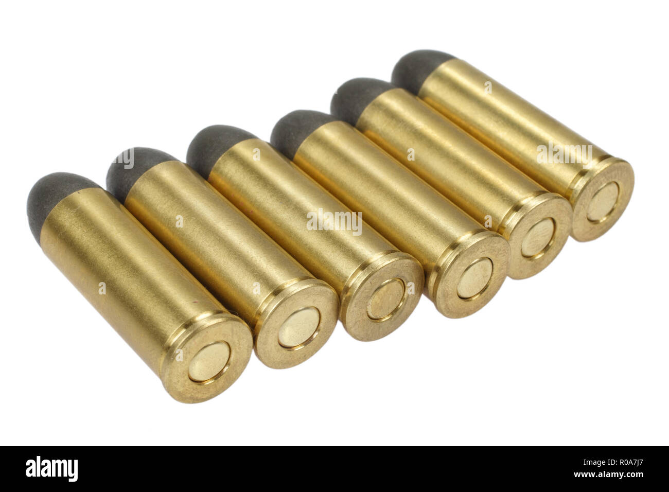 Black-powder revolver rounds .45 cal. dating to 1872 isolated on white ...