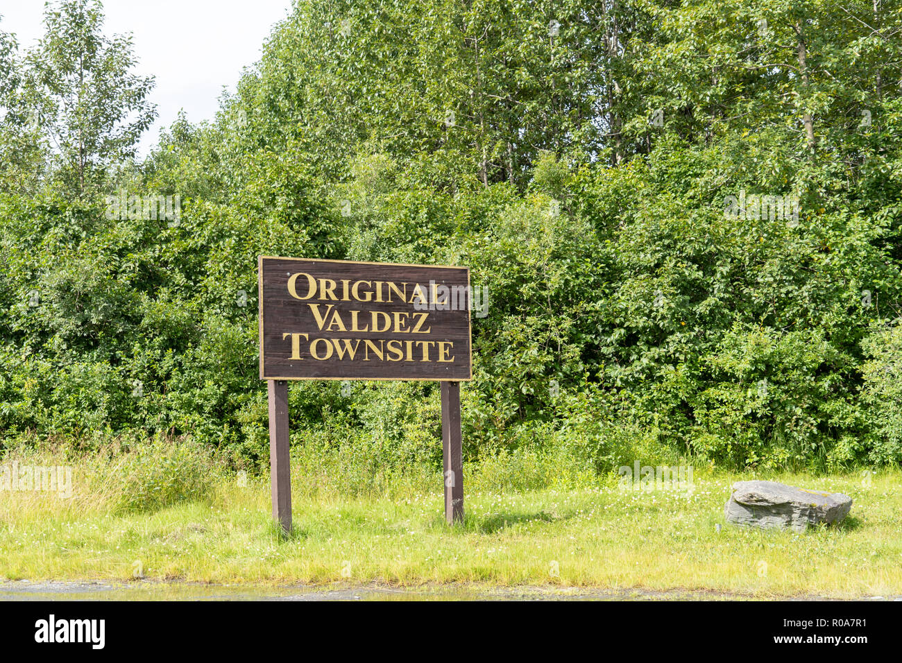 Sign marking the Original Valdez townsite in Alaska. The town was ...