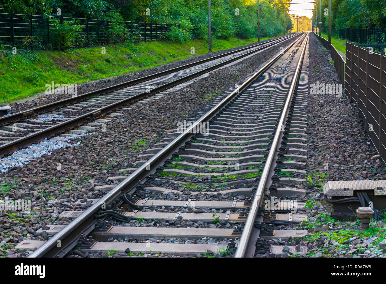 two endlessly long train railroads with the tracks vanishing in the ...