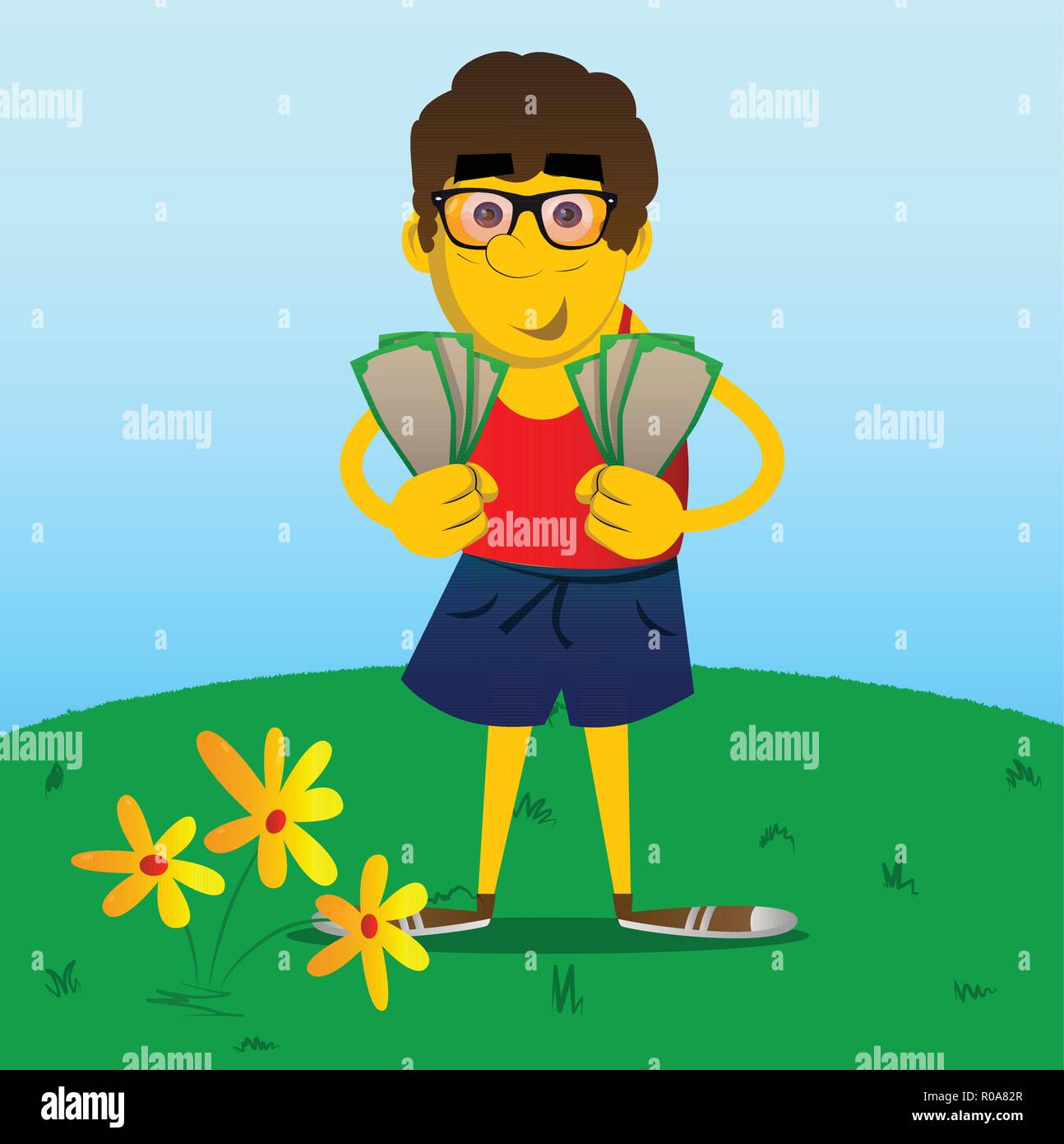 Yellow man holding or showing money bills. Vector cartoon illustration ...