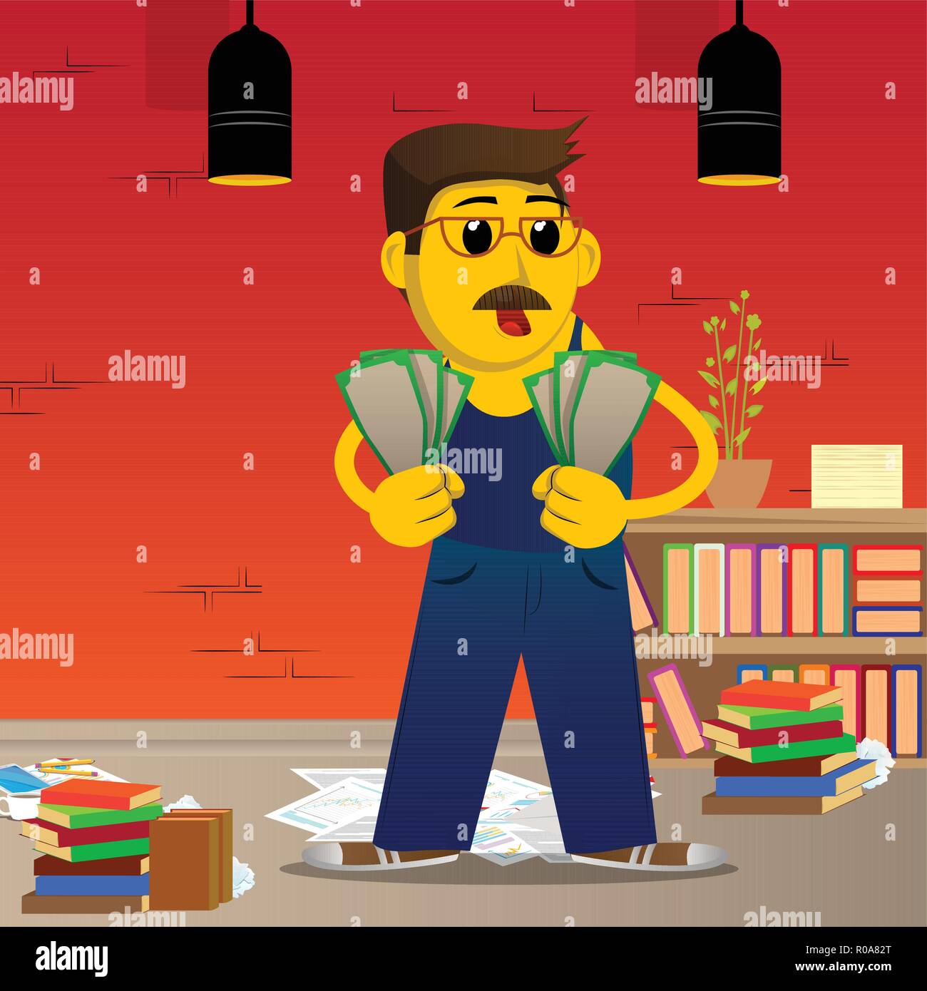 Yellow man holding or showing money bills. Vector cartoon illustration ...