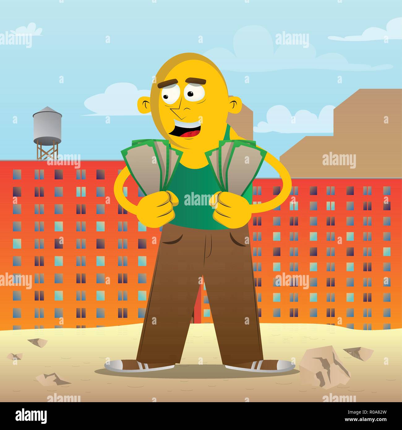 Yellow man holding or showing money bills. Vector cartoon illustration ...