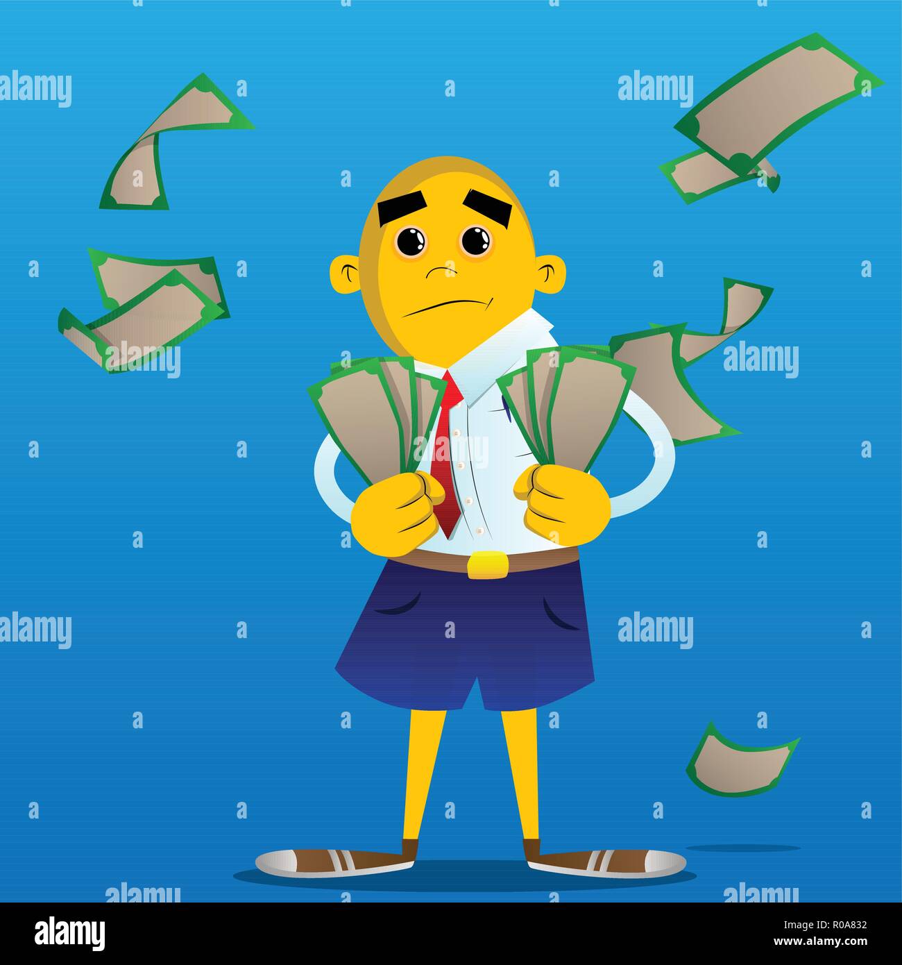 Yellow man holding or showing money bills. Vector cartoon illustration ...