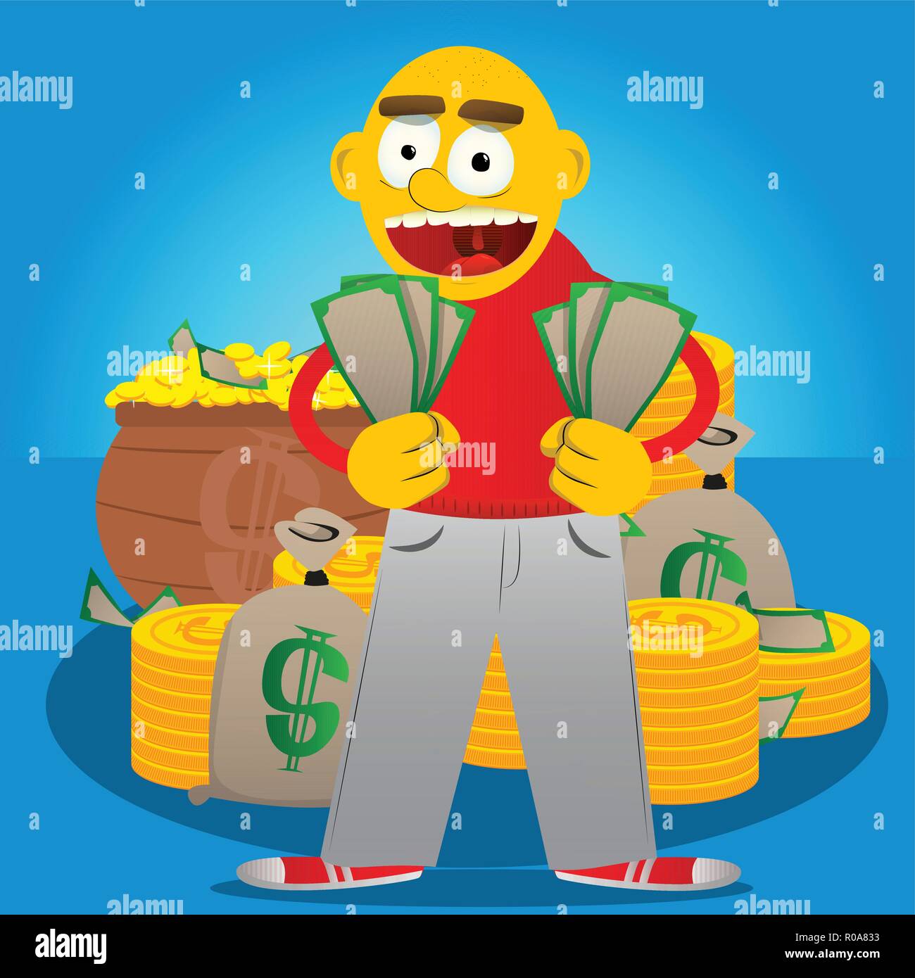 Yellow man holding or showing money bills. Vector cartoon illustration ...