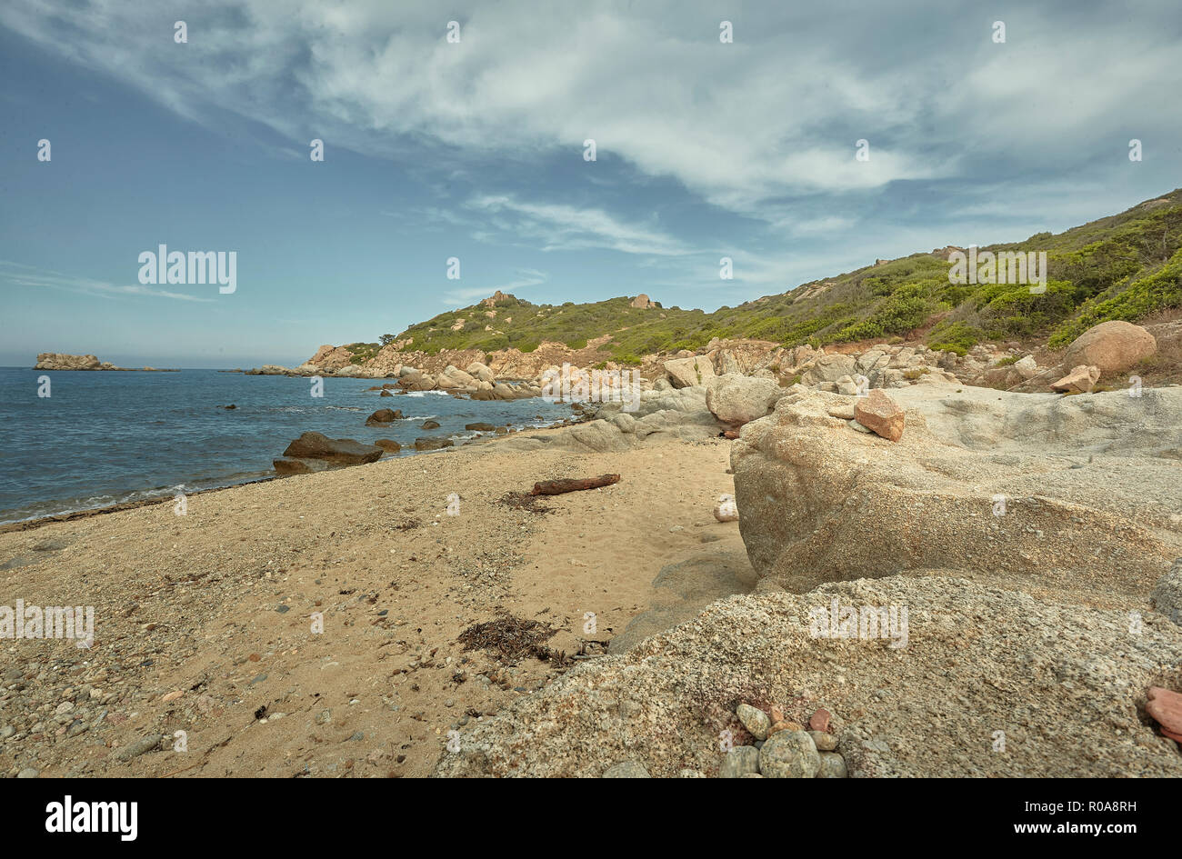 Seascape of a typical southern Mediterranean sardinia beach with sea ...