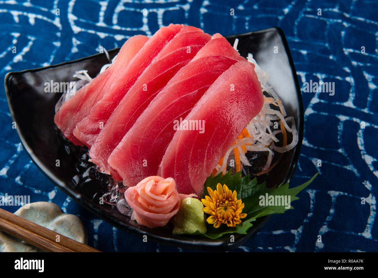 Tuna sashimi cutting raw blue fin tuna and serve in Japanese style food ...