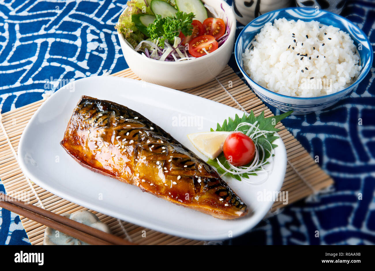 Saba fish grilled with sauce or Saba kabayaki in Japanese style food ...
