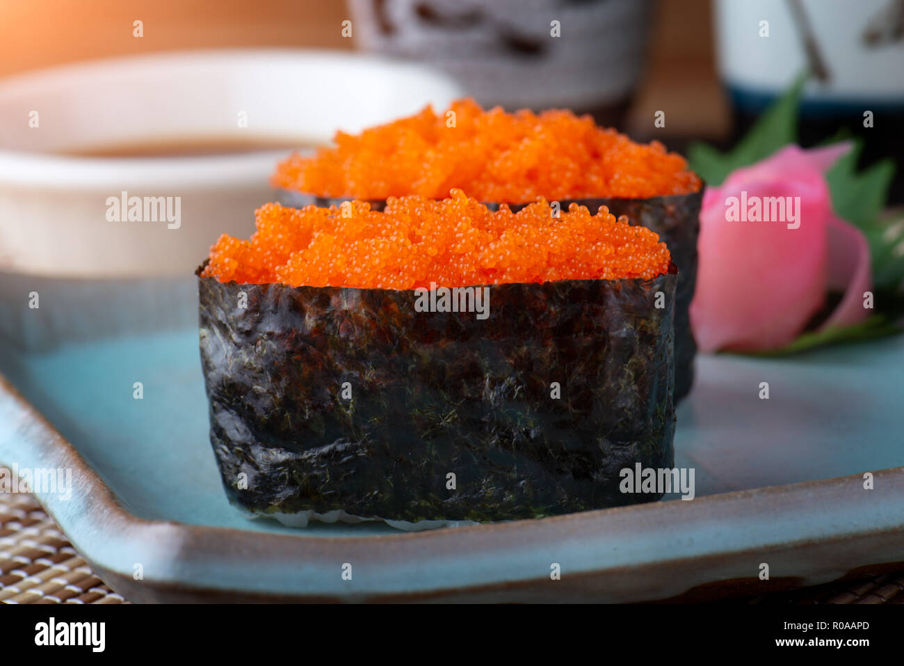 Gunkan sushi tobiko sushi or flying fish's roe sushi serve in Japanese ...