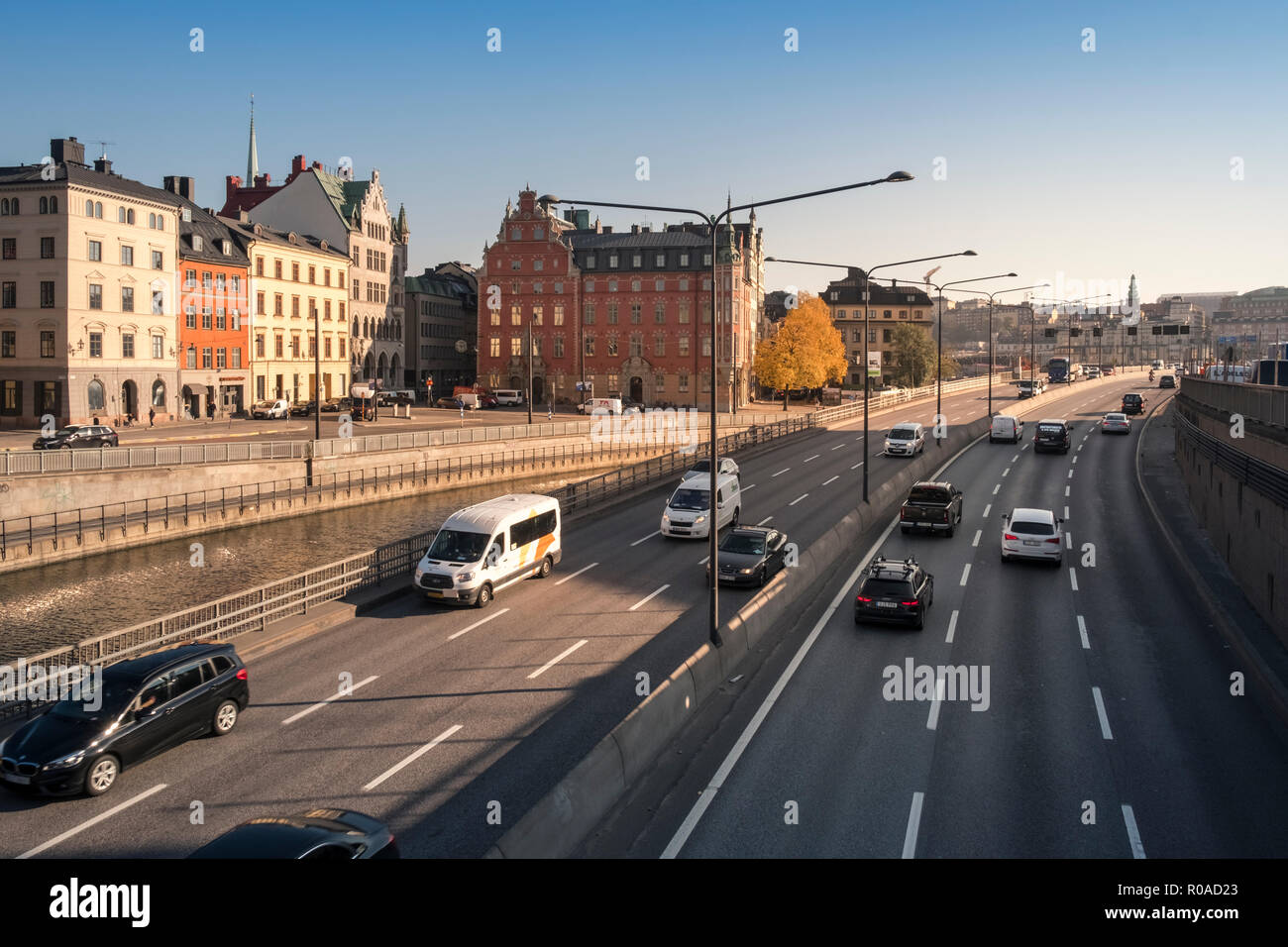 Stockholm, Sweden. Cityscape view of road traffic on Centralbron, and ...