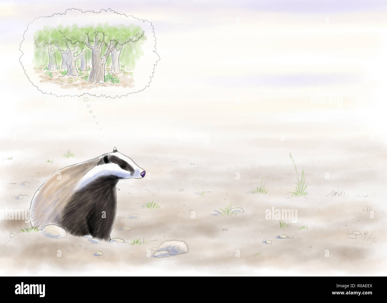 Digital watercolor illustration of a Badger thinking about the forest ...