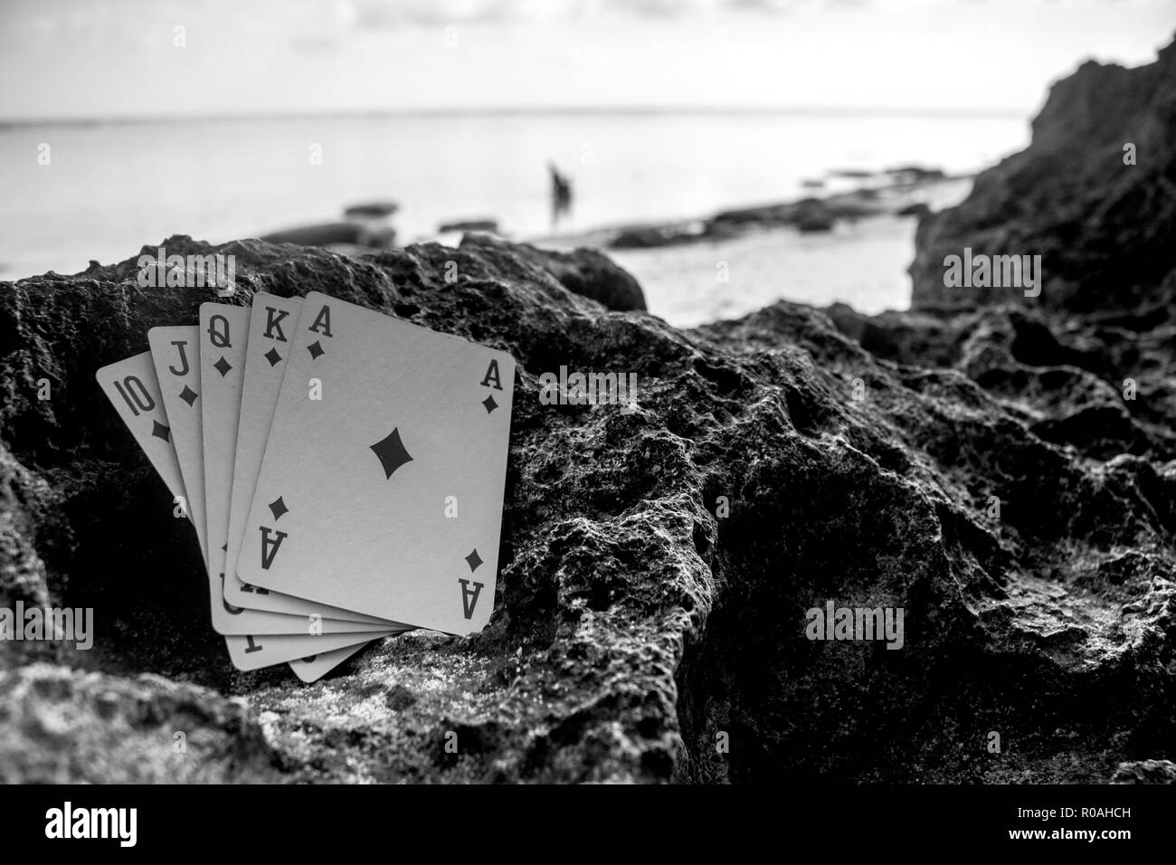 diamond royal flush poker card black and white theme Stock Photo - Alamy