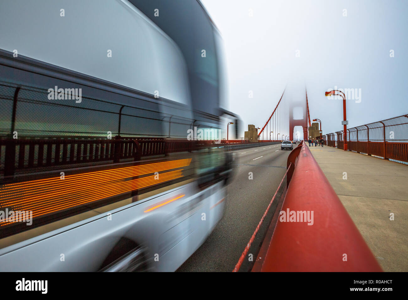 Bus crossing Golden Gate Bridge from Presidio Pacific point to the ...