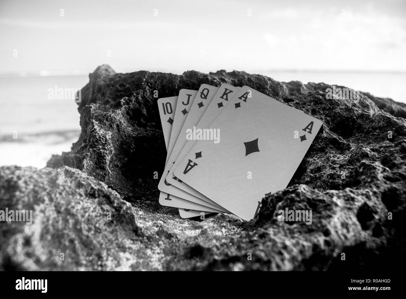 diamond royal flush poker card black and white theme Stock Photo - Alamy