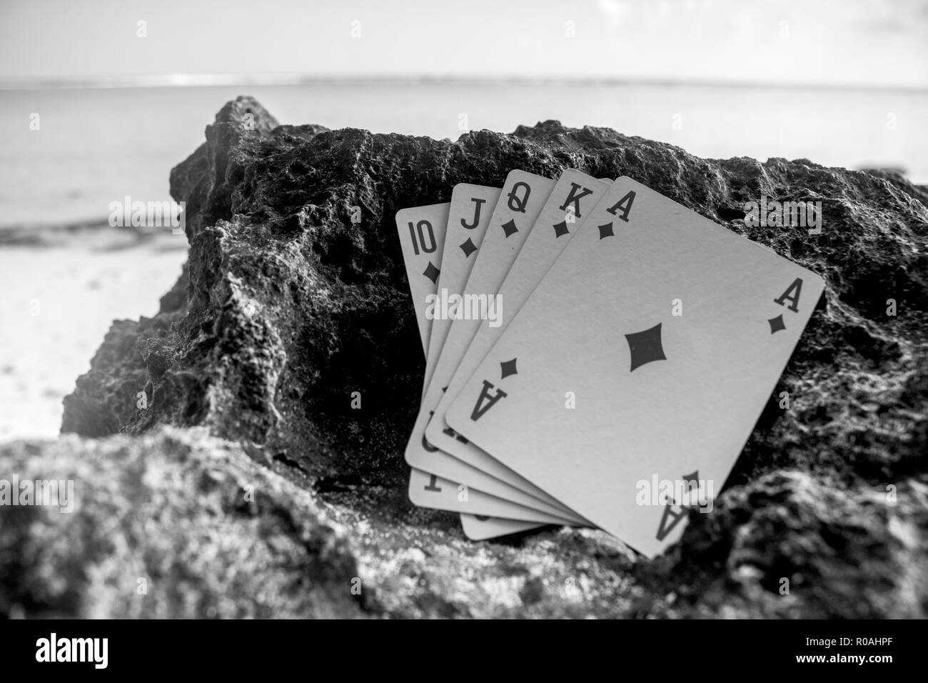 diamond royal flush poker card black and white theme Stock Photo - Alamy