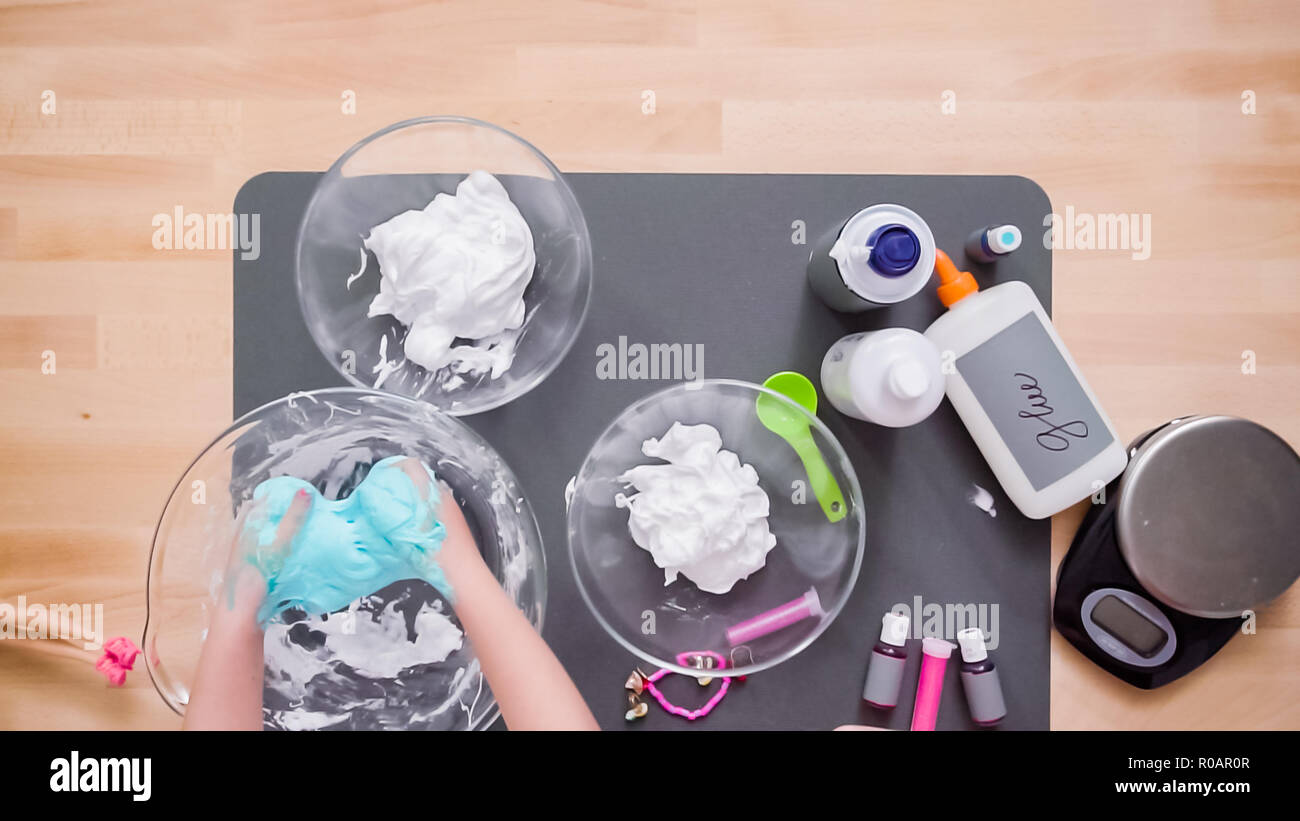 Step by step. Flat lay. Kids project with colorful fluffy slime Stock ...