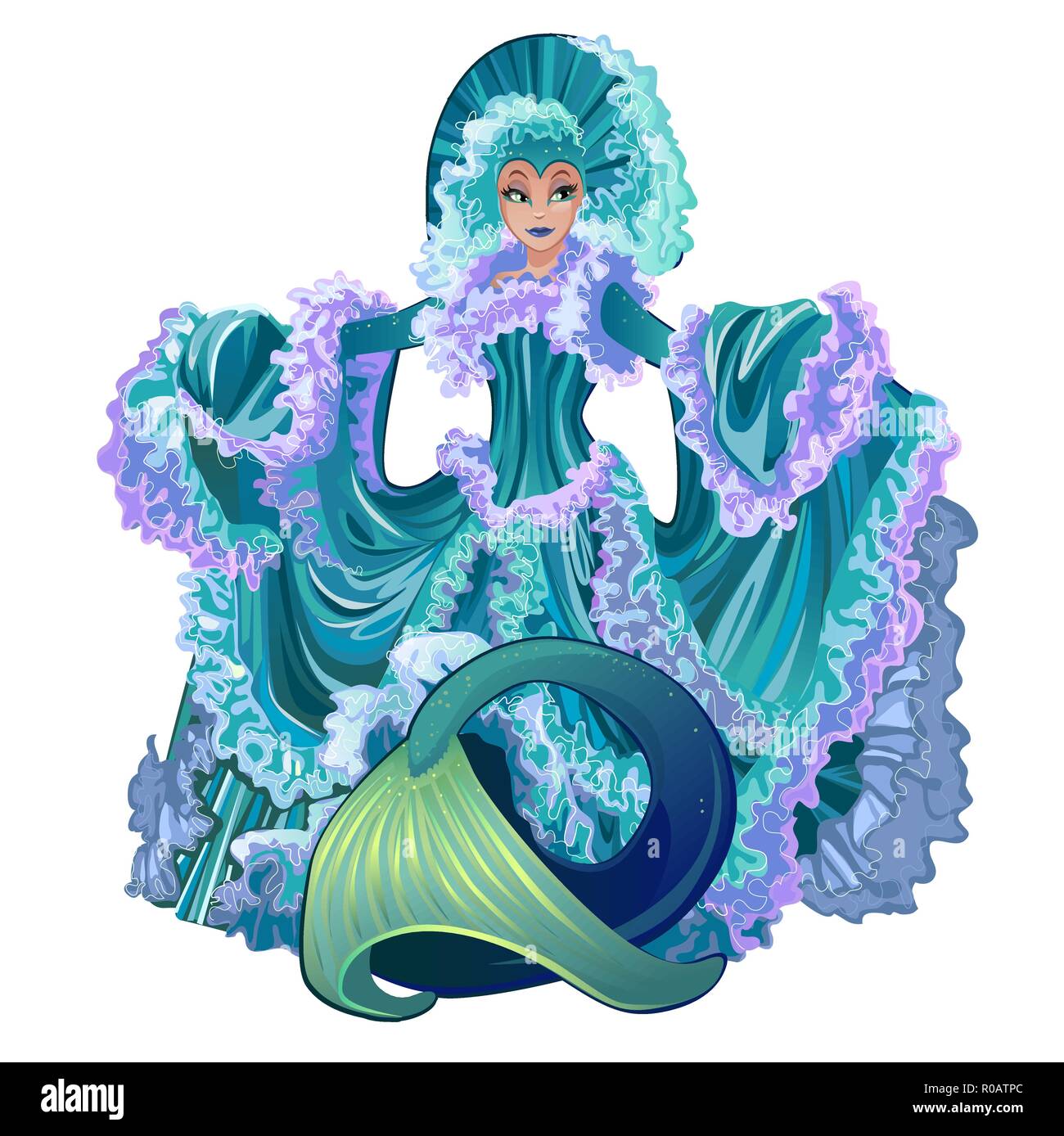 Mermaid with luxurious dress isolated on white background. Beautiful ...