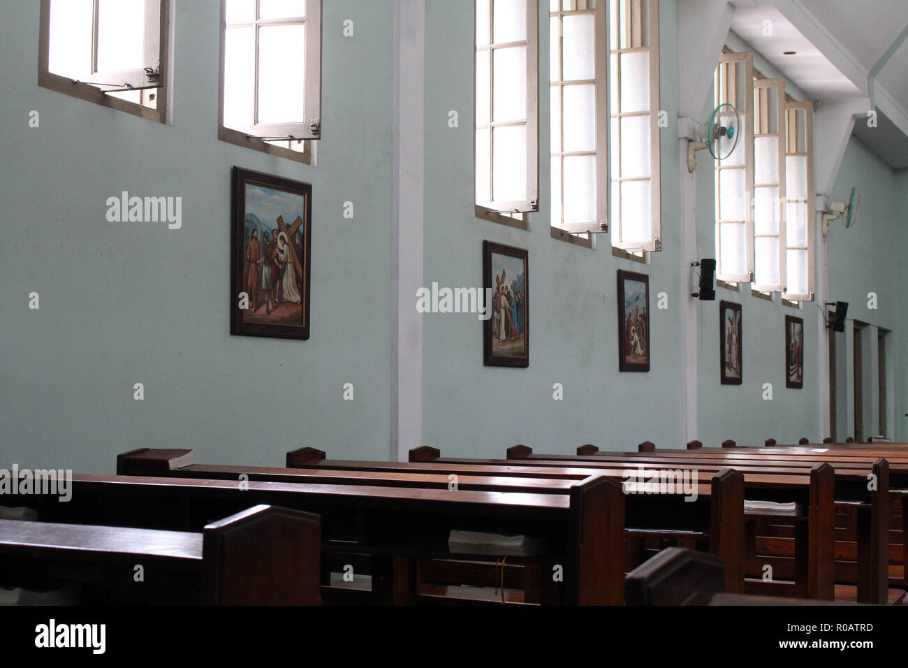 The windows and chair bench at the Catholic Church of Holy Cross (Salib ...