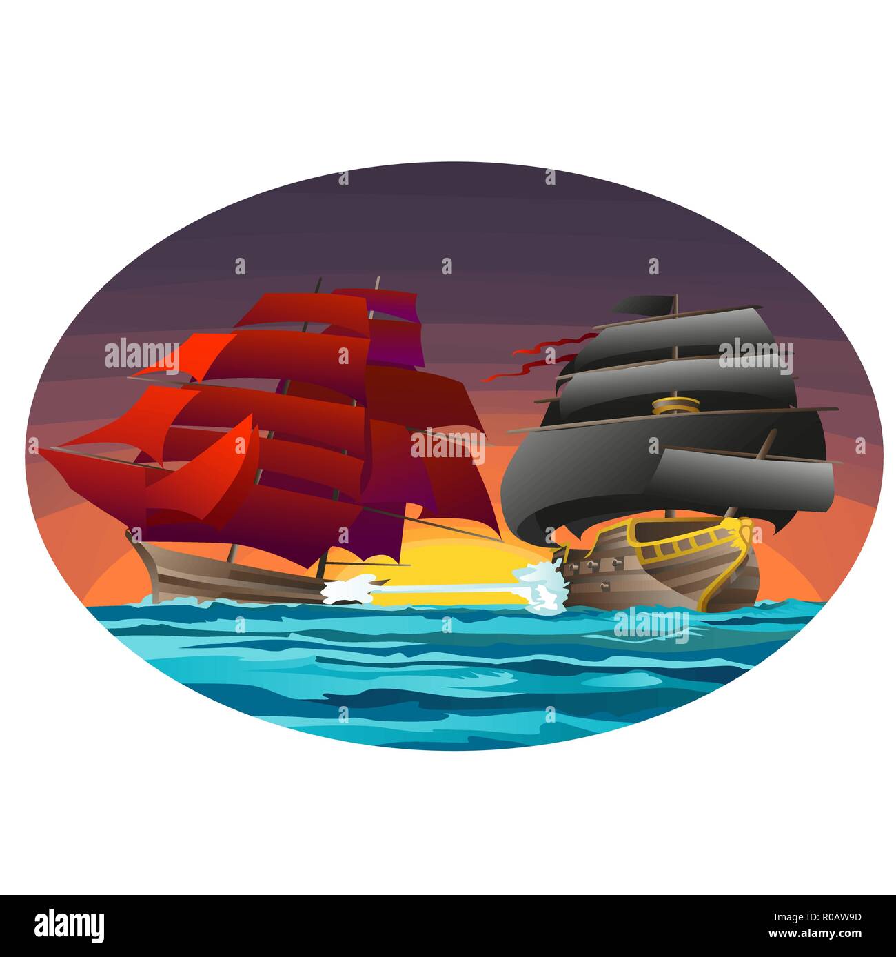 Oval poster with two sea ships with red and black sails. Vector cartoon ...