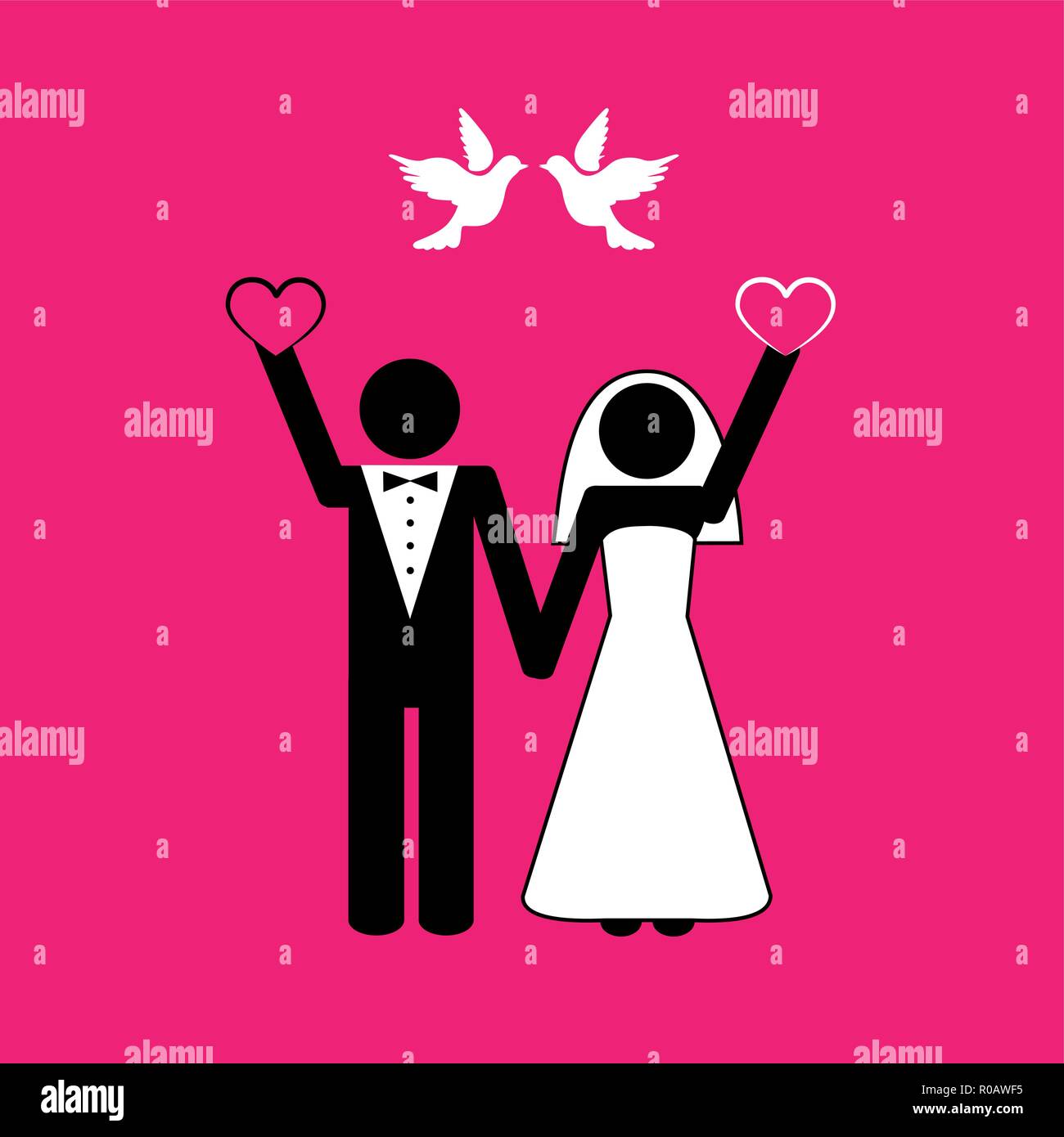 wedding couple pictogram with white doves on pink background vector ...