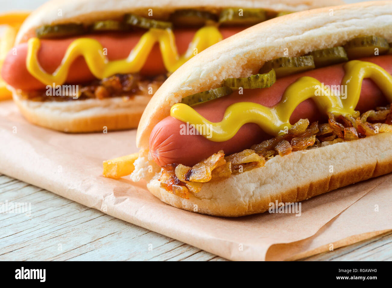 Tasty hot dogs with mustard Stock Photo - Alamy