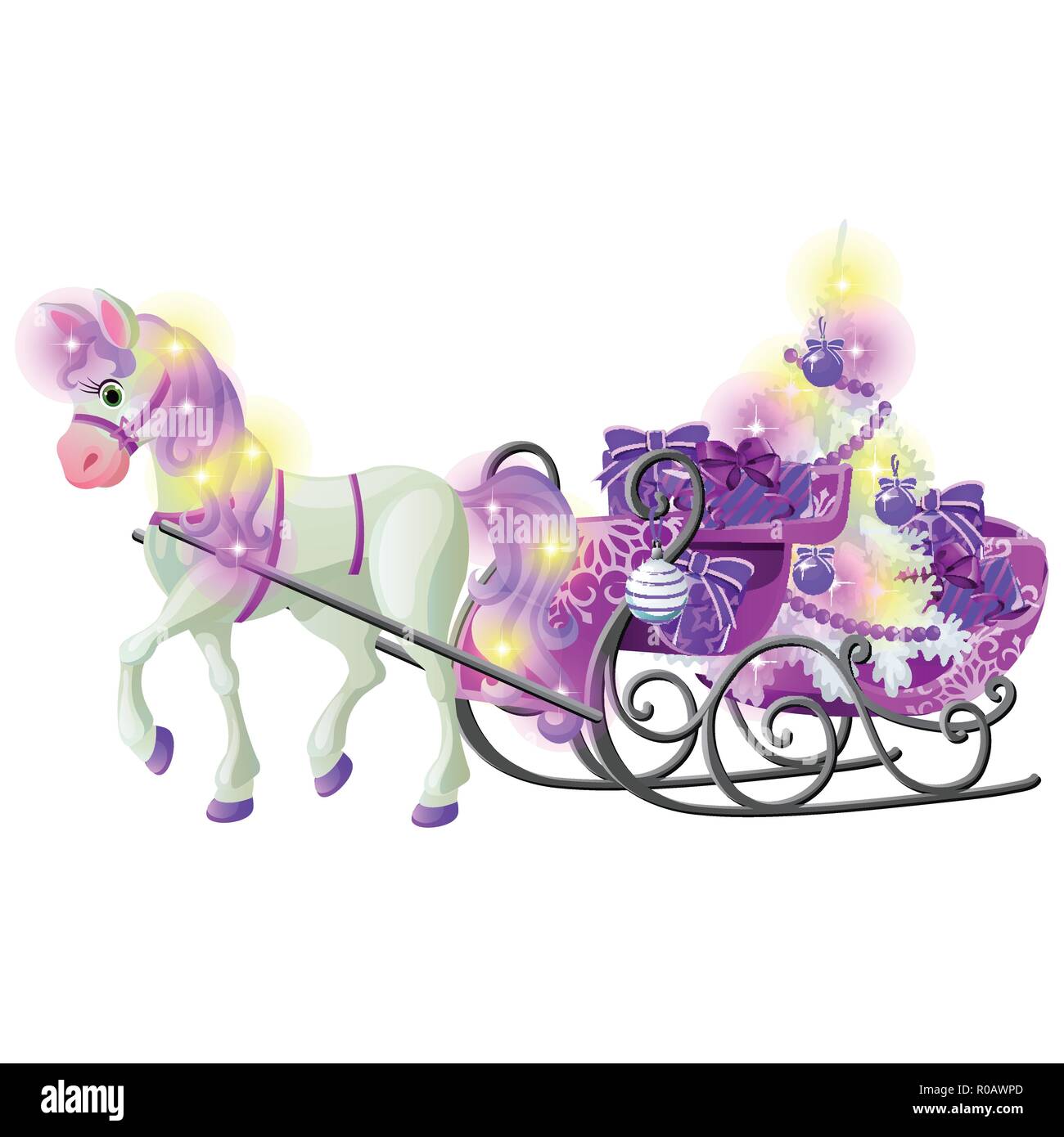 Christmas sketch with animated horse with a pink mane and hooves with a ...