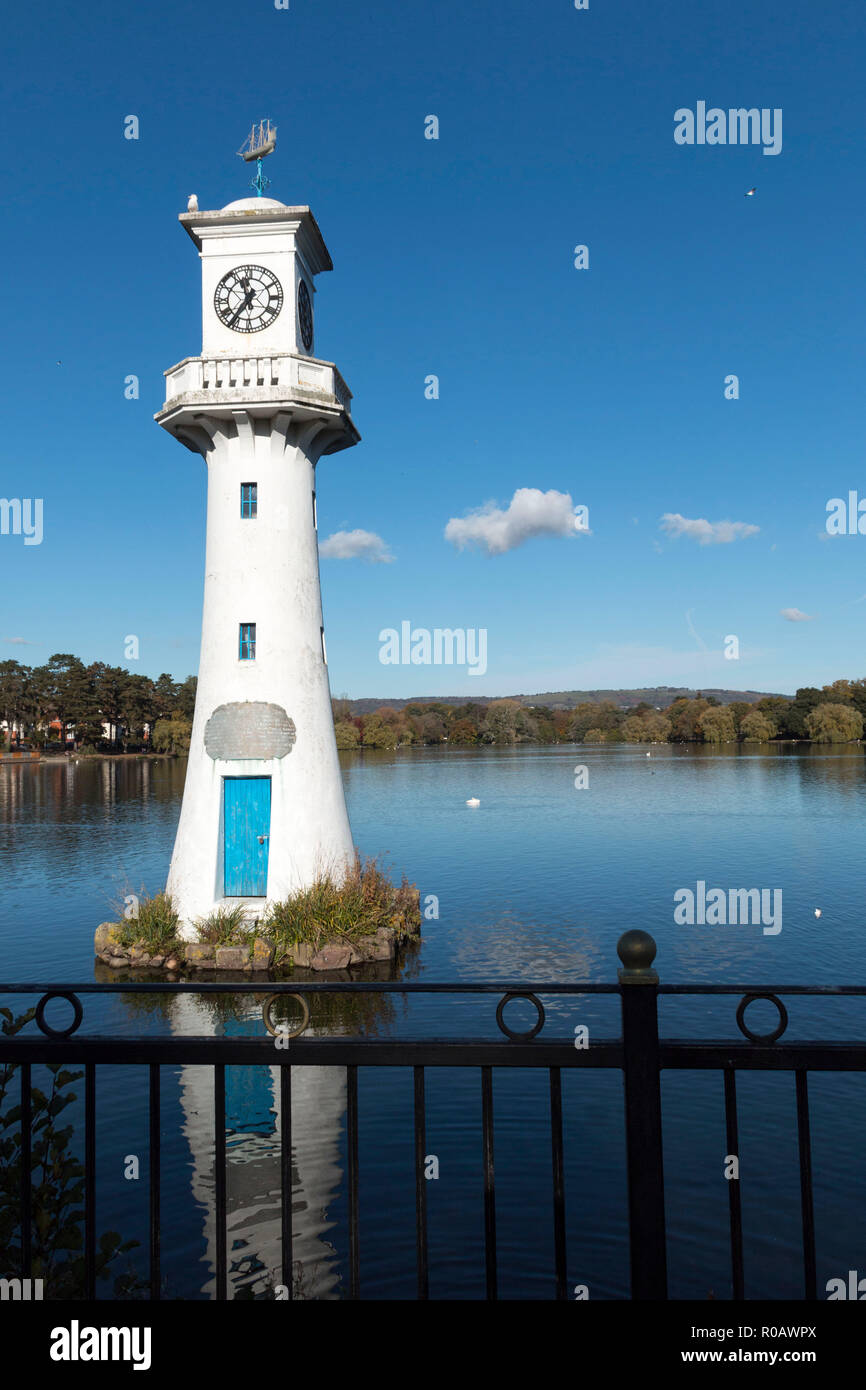 Captain Scott Memorial lighthouse at Roath Park Lake, Cardiff, Wales ...