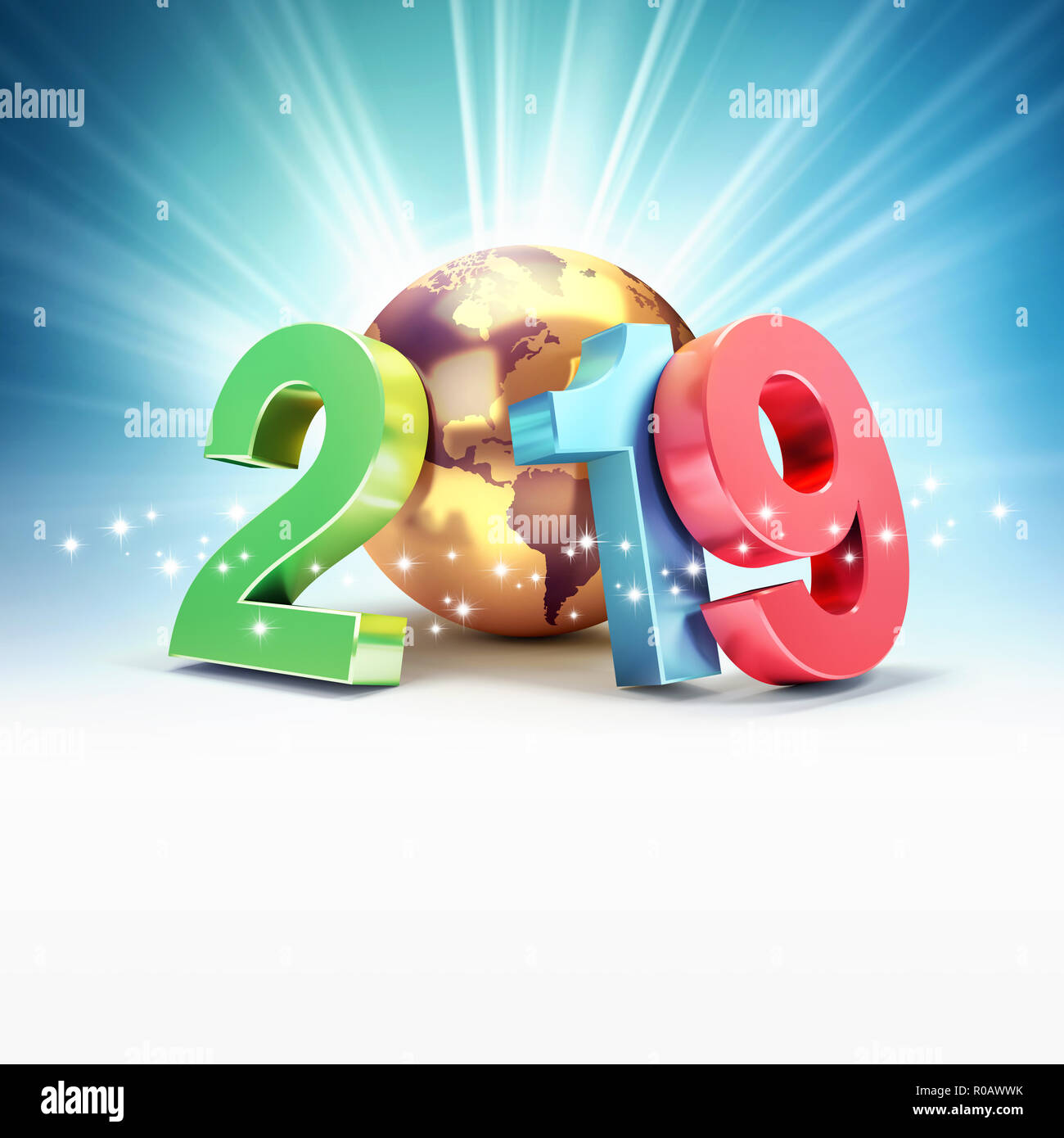 2019 New Year colorful date number composed with a gold planet earth ...