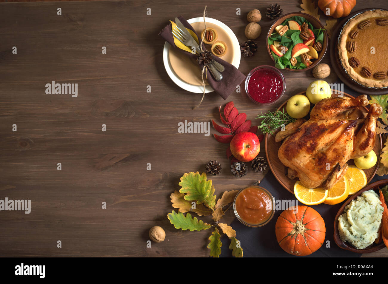 Thanksgiving dinner background with turkey and all sides dishes ...