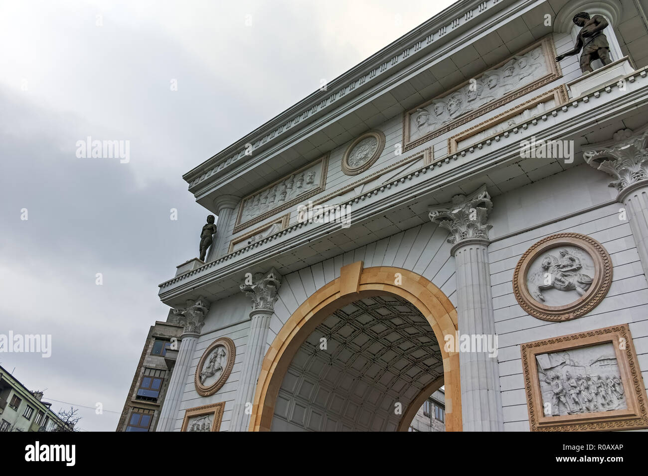 SKOPJE, REPUBLIC OF MACEDONIA - FEBRUARY 24, 2018: Macedonia Gate arch ...