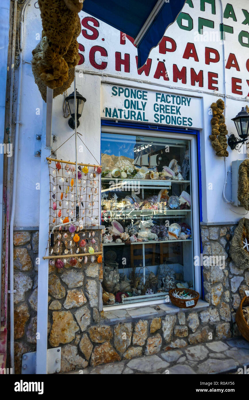 Authentic sponge shop on the holiday destination, Kalymnos, Dodecanese ...