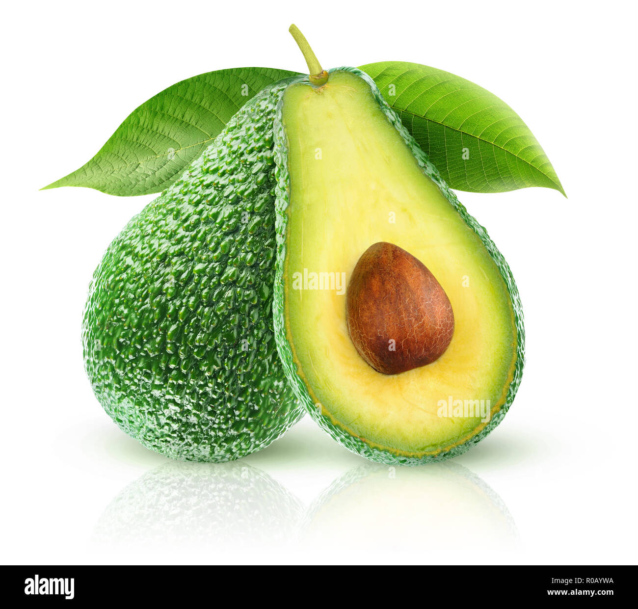 Isolated avocados. Two avocado fruits, one cut in half, on a branch ...