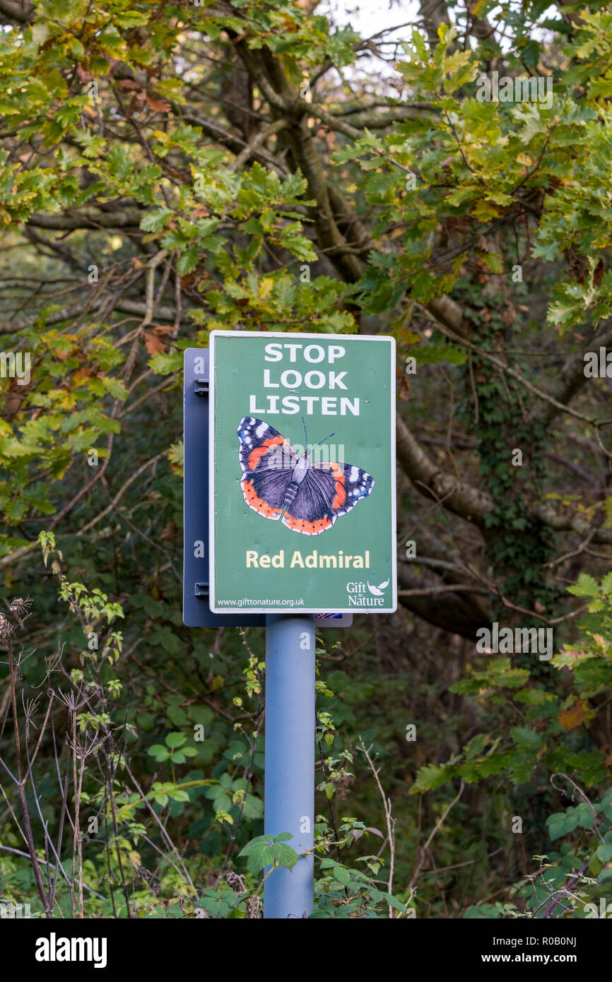 red admiral butterfly conservation area sign. stop look listen sign in ...