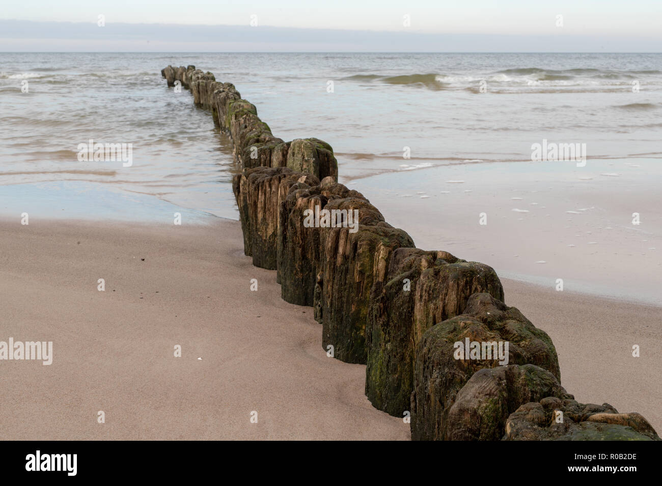 Old breakwater bollards on the sea beach. Coast in central europe ...