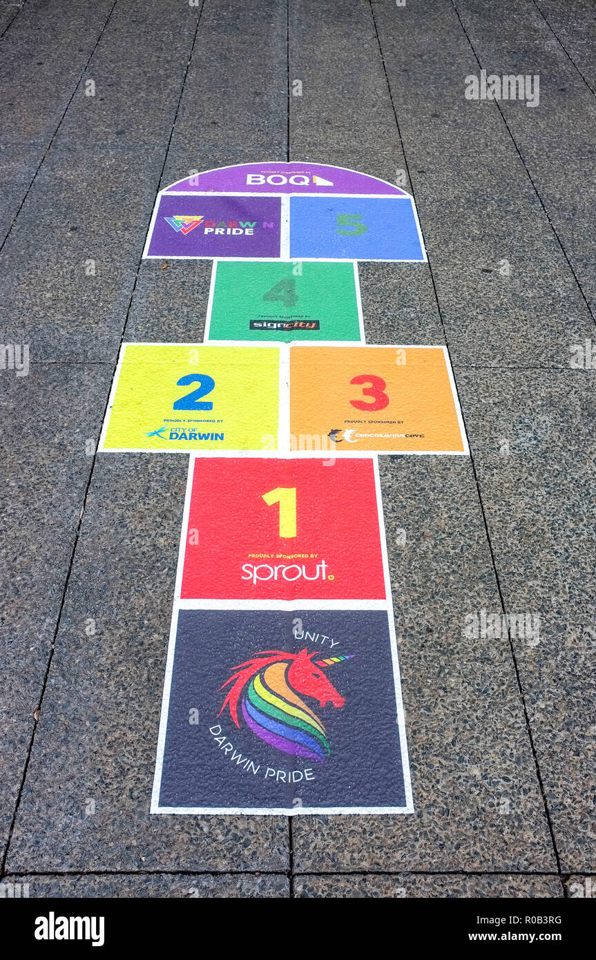 Hopscotch in the colours of the pride rainbow on the pavement of a ...