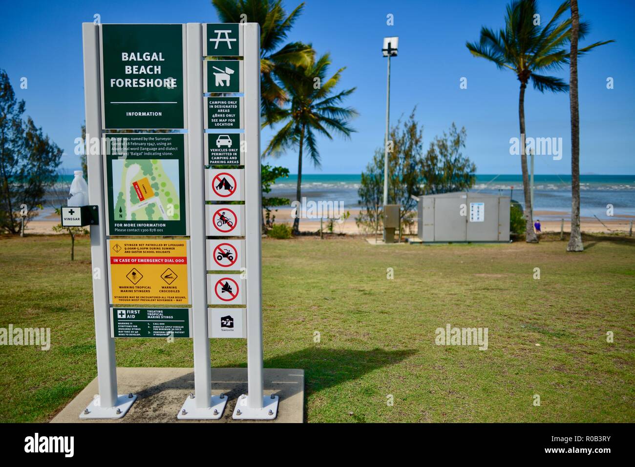 Balgal beach foreshore sign with vinegar for stingers, Balgal beach ...