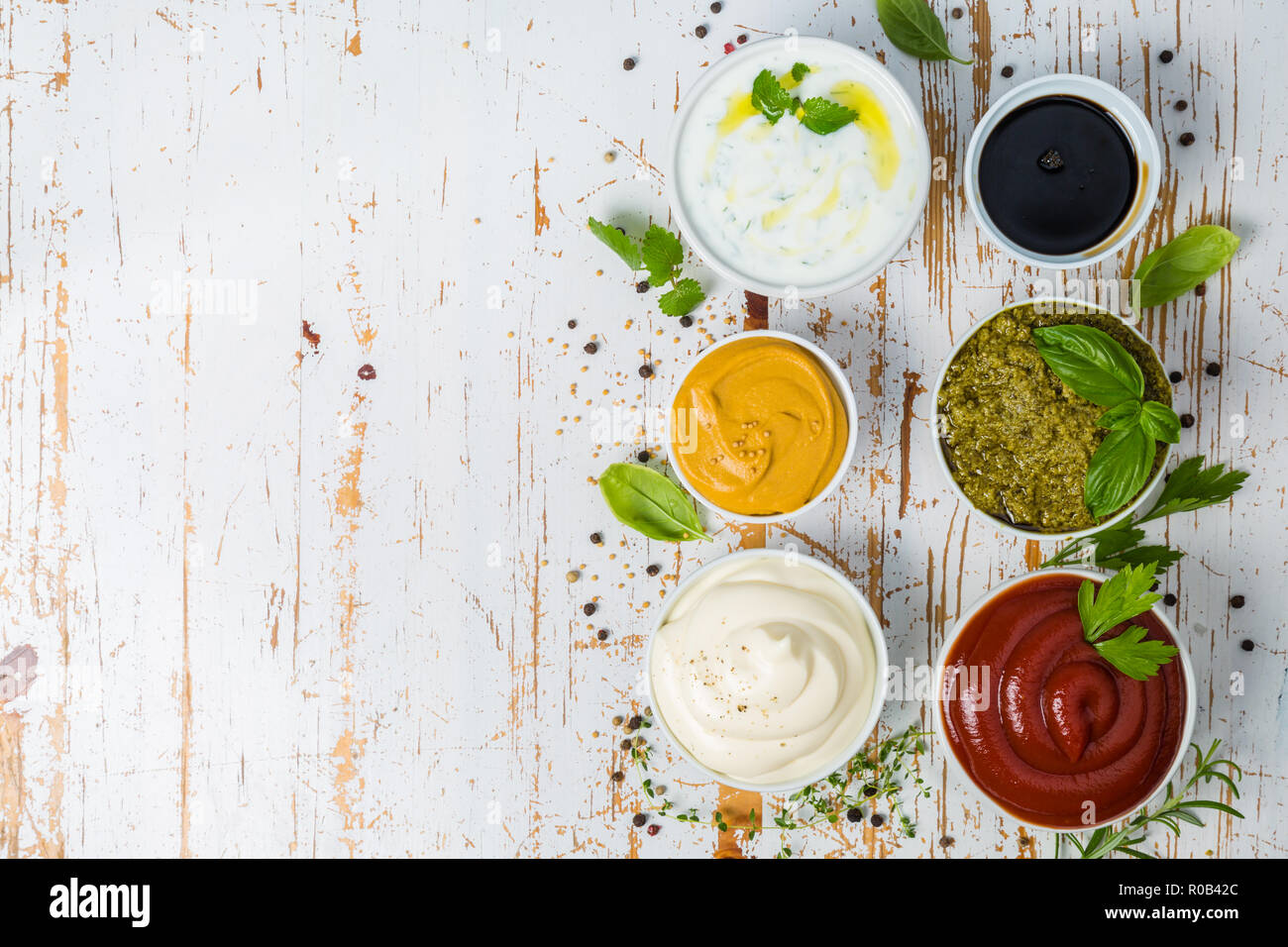 Dip sauces top view bowls with mayonnaise hi-res stock photography and ...