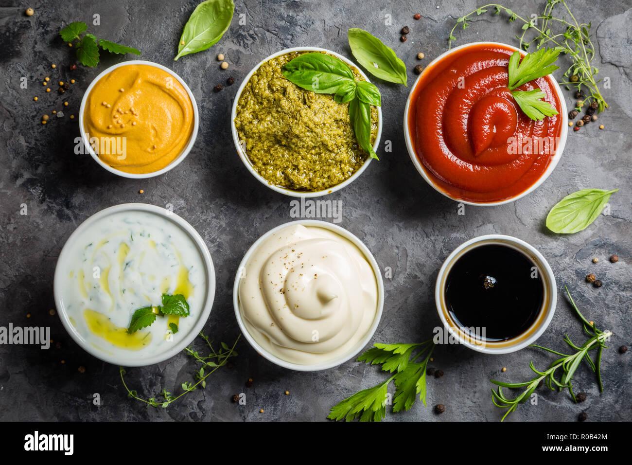 Dip sauces top view bowls with mayonnaise hi-res stock photography and ...