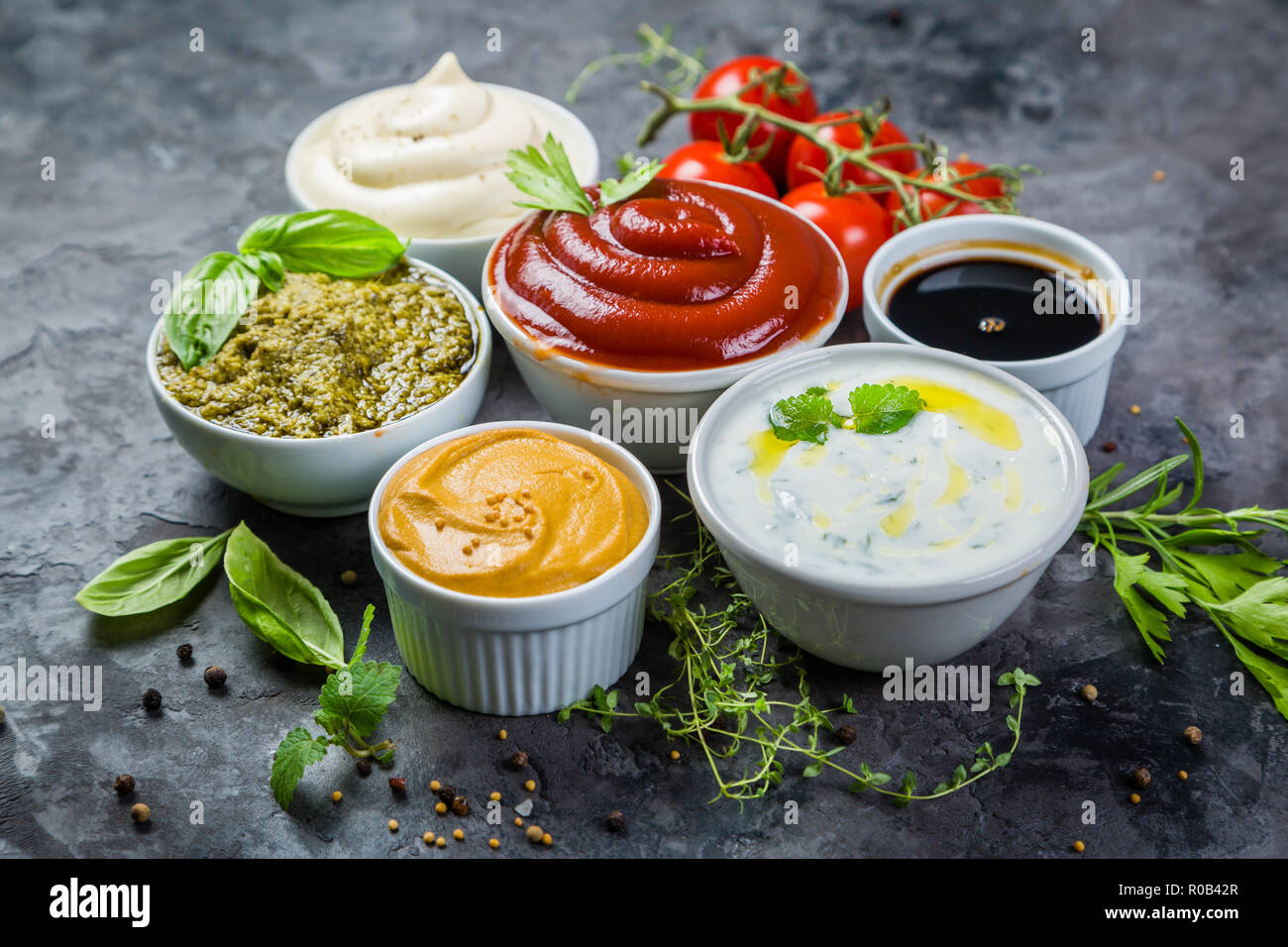 Selection of different sauces in bowls Stock Photo - Alamy