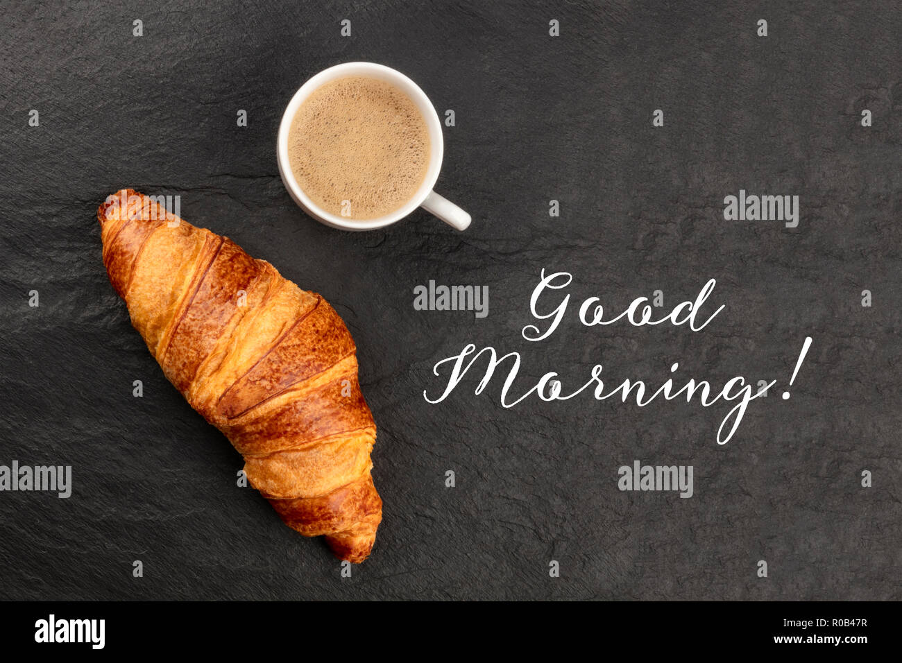 Good Morning Banner. A photo of a croissant with a cup of coffee, shot ...