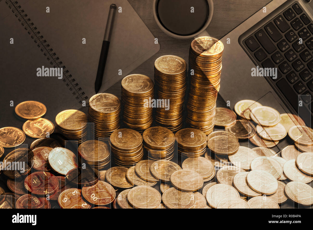 Savings, increasing columns of coins, piles of coins arranged as a ...