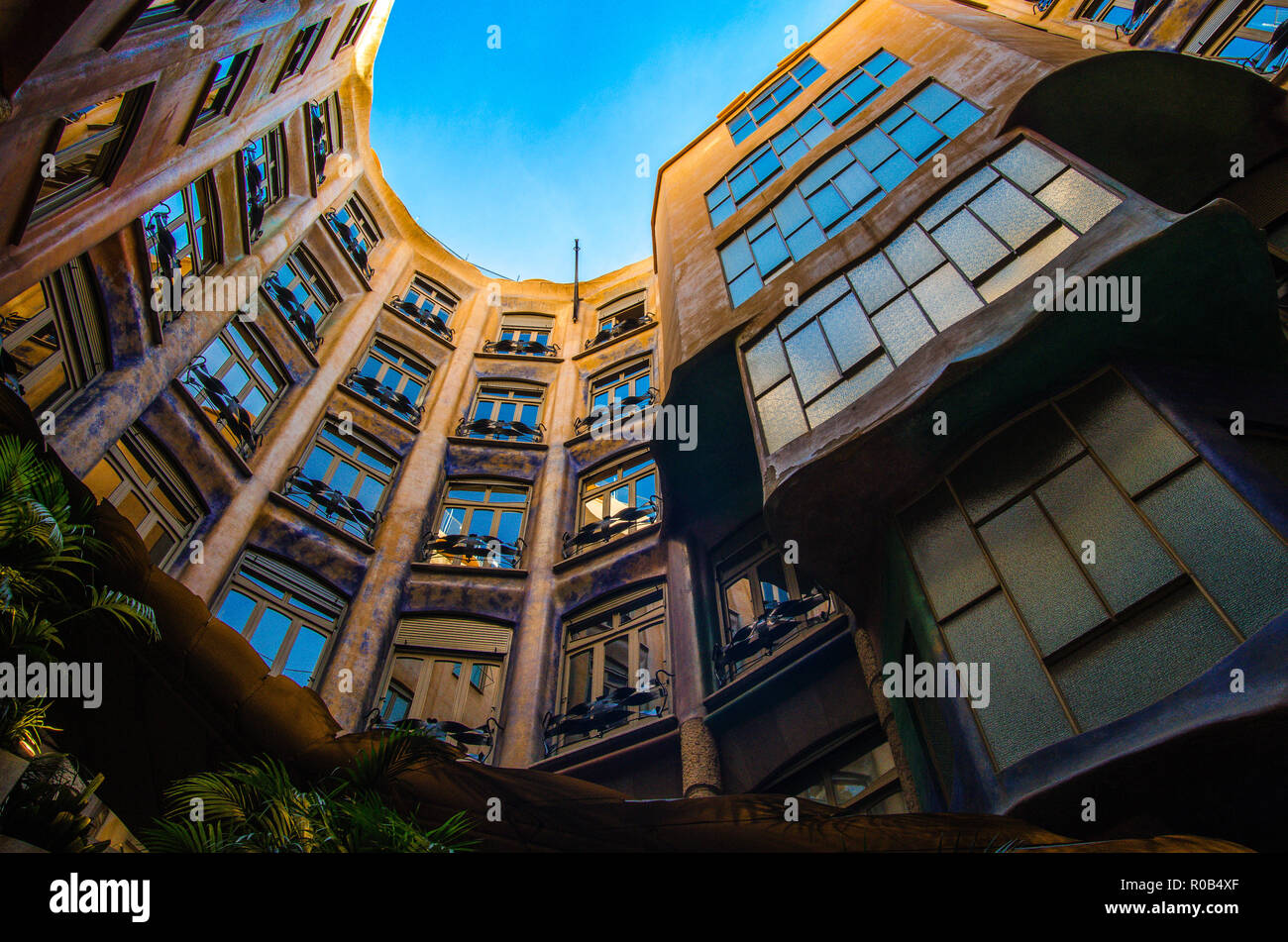 Vertical view of courtyard of Casa Milla in Barcelona, Spain, Europe ...