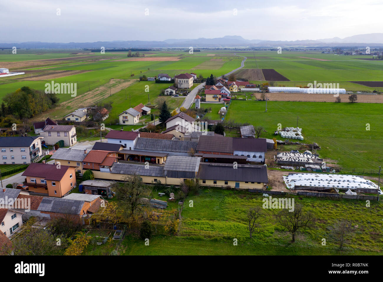 European countryside from the air, village in pannonian plain, Dravsko ...